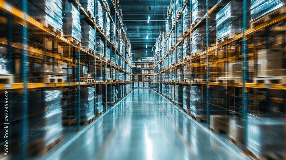 A modern warehouse interior filled with stacks of inventory. Bright ...
