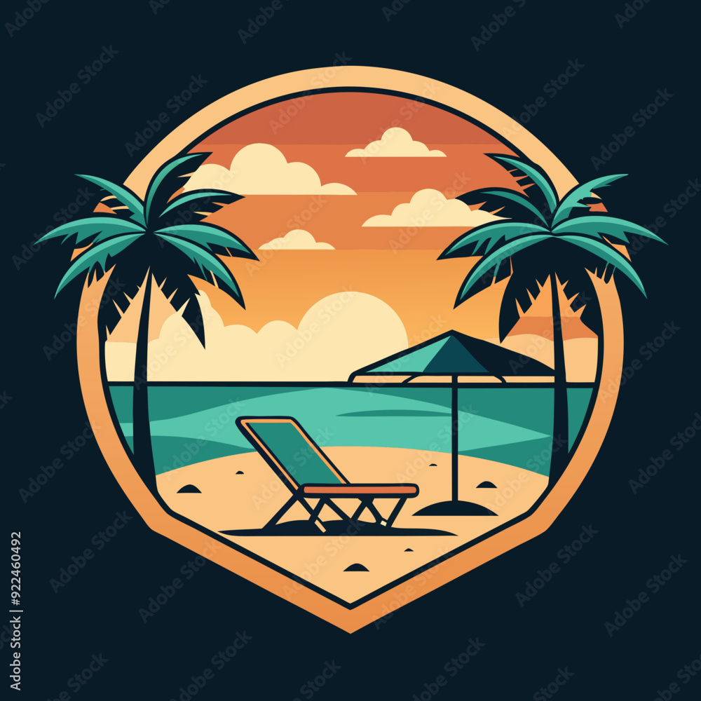 Tropical Beach Logo Vector - Cartoon Island with Palm Trees, Ocean ...