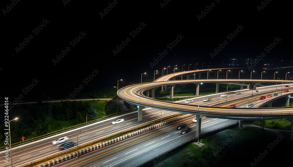 Bird's night light view of multi-level junction road lands with moving ...
