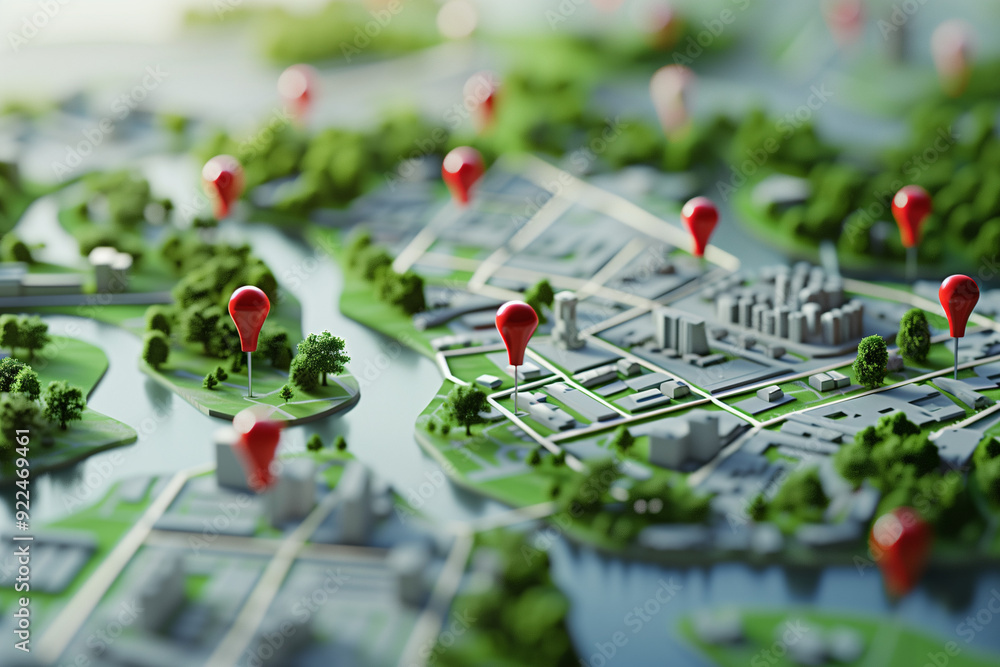 A Detailed 3D Illustration of a Stylized City Map with Multiple Red ...
