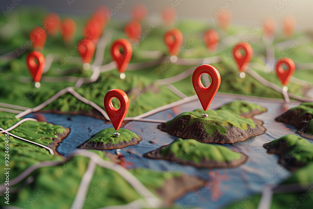 A 3D rendering of a detailed topographical map with multiple red ...