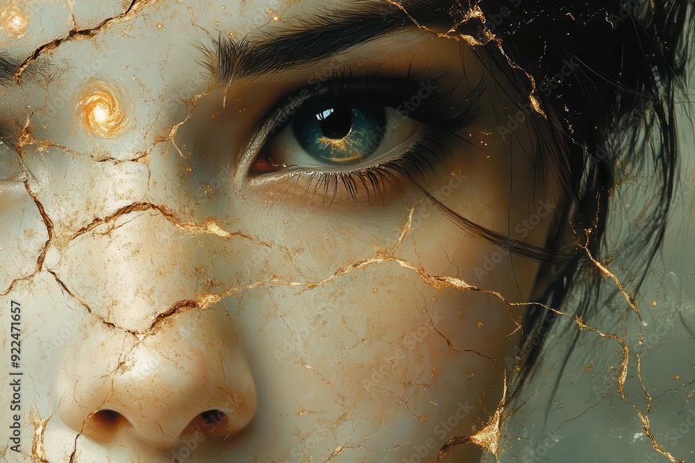 surreal portrait of woman with crystalline fractures across face ...