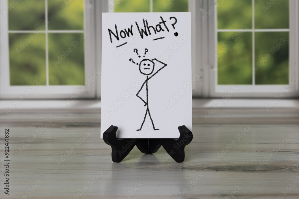 Poster Sign with stick figure scratching head with question marks, Now ...