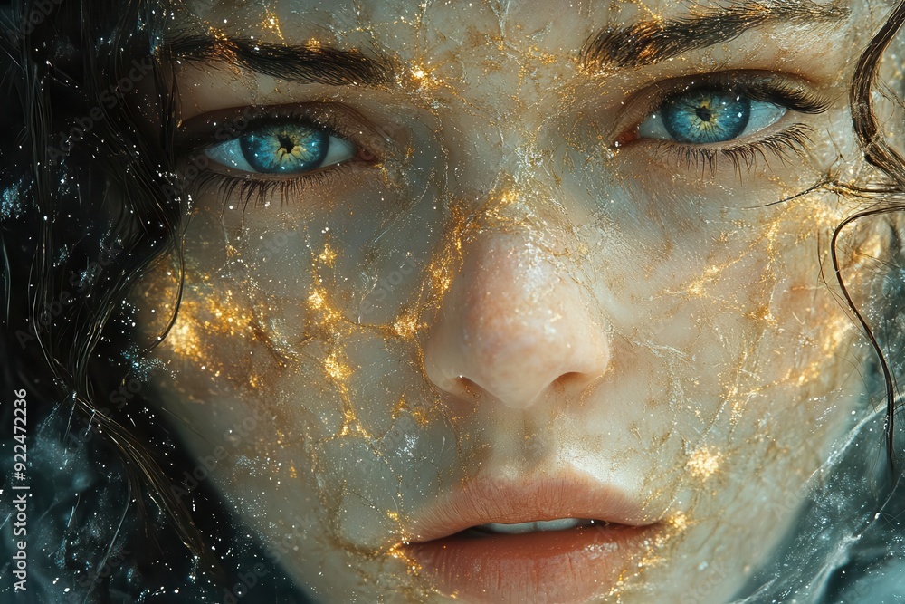 surreal portrait of woman with crystalline fractures across face ...