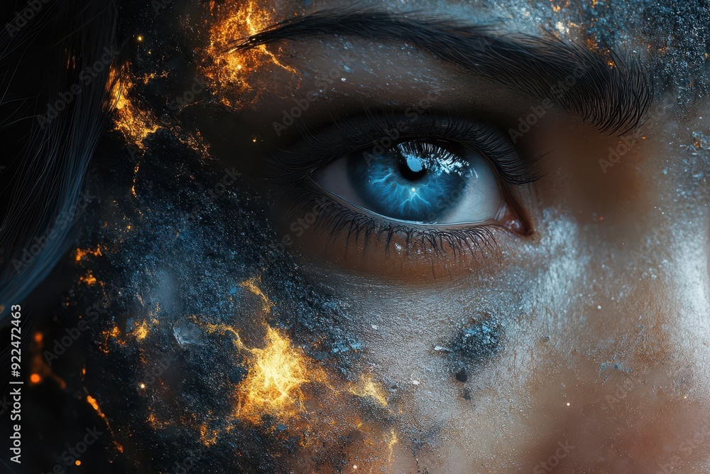 surreal portrait of woman with crystalline fractures across face ...