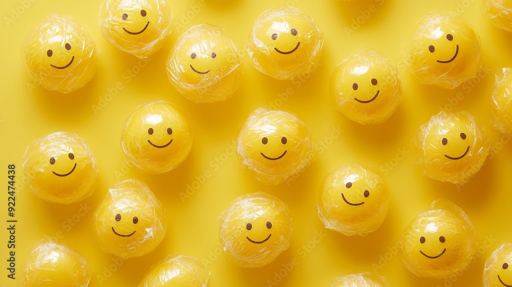 Yellow spheres textured with happy face emojis wrapped by a thin ...
