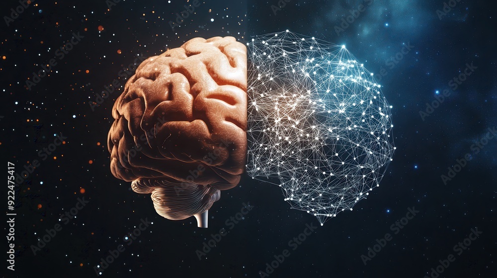 Human brain half organic and half digital network representing the ...
