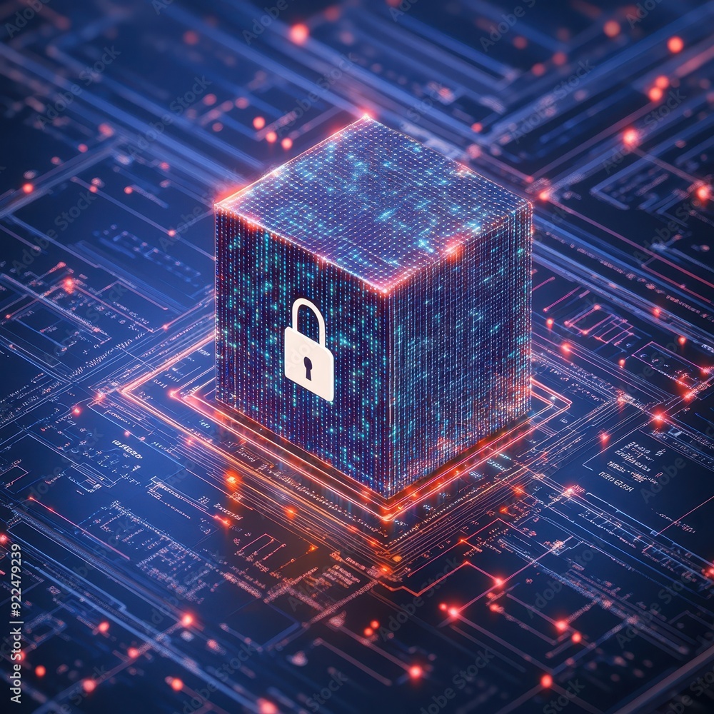 Digital lock on a glowing cube representing cybersecurity and data ...