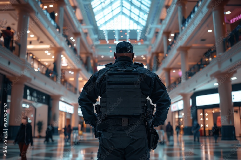 Security guard watching over a busy shopping mall. Safety and ...