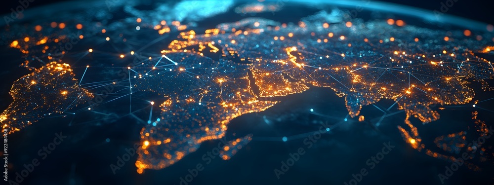 A digital map of the world with glowing connections between cities ...