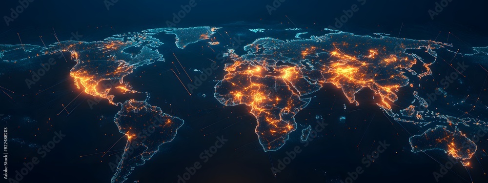 A digital map of the world with glowing connections between cities, representing global ...