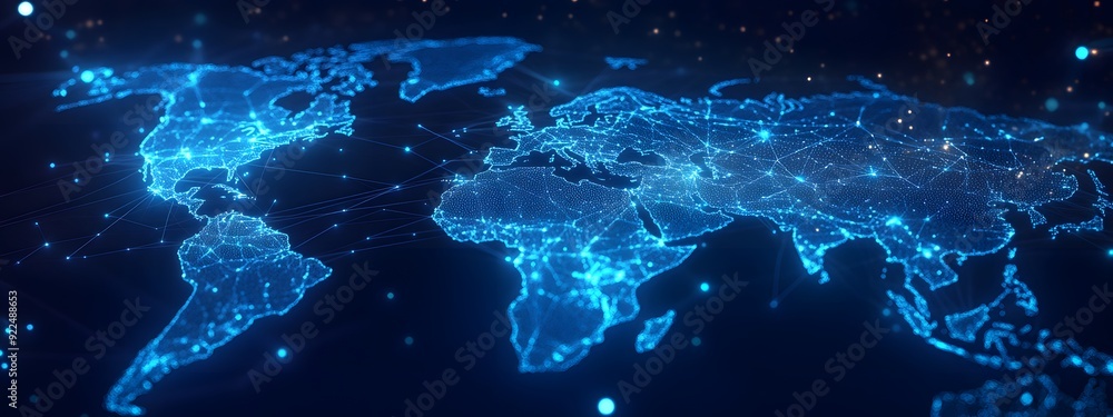 A digital map of the world with glowing connections between cities ...