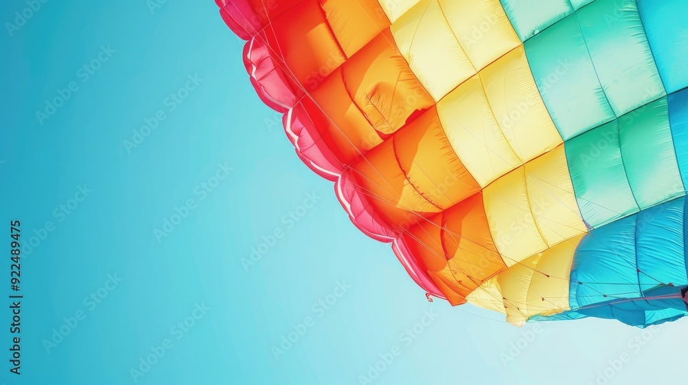 a close up of an open rainbow parachute, seen from a low angle, clear ...