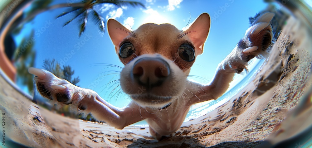 Fisheye selfie of a funny, smiling and cute Chihuahua taking a selfie ... Fisheye selfie of a funny, smiling and cute Chihuahua taking a selfie ...