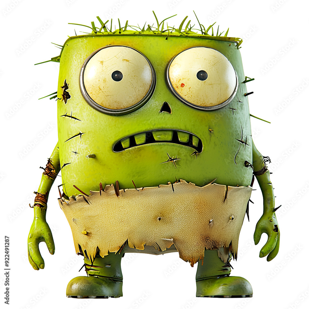 cartoonish green monster with big eyes surprised expression wearing ...