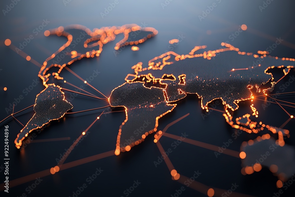 A global map with trade routes connected by digital lines, symbolizing ...
