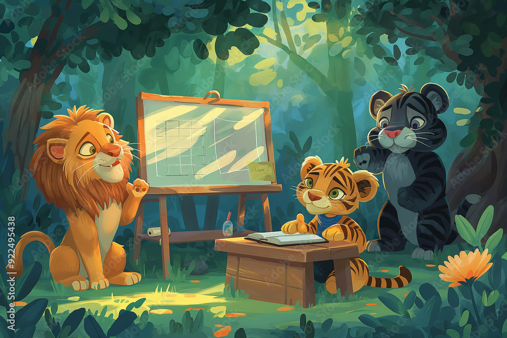 Lion Teaching Young Tiger and Panther in Forest Classroom, Whimsical ...