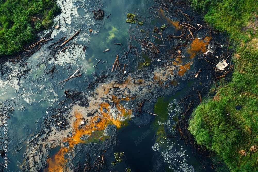 The polluted river is filled with debris, oil slicks, and dead fish ...