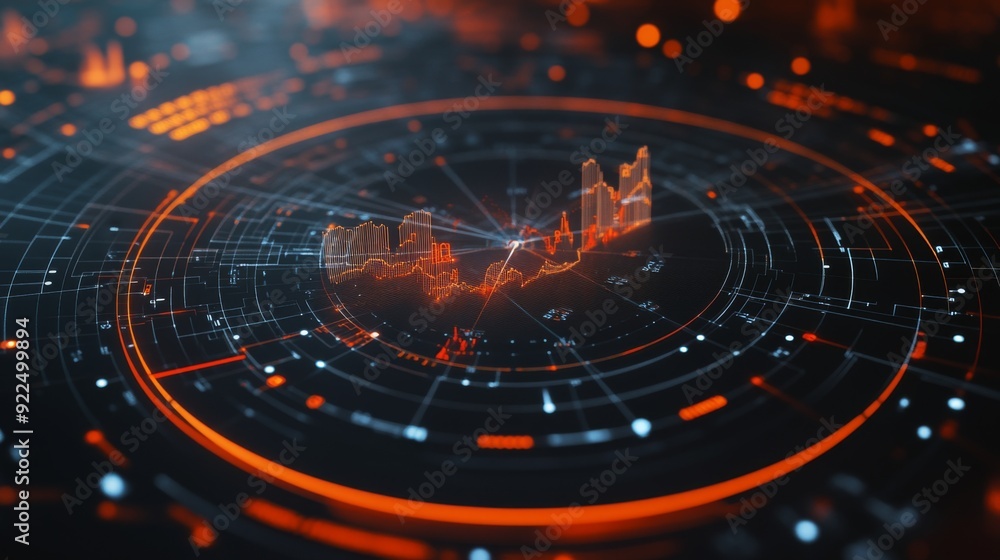 A top-down view of a 3D radar chart with multiple axes and data points, showing financial ...