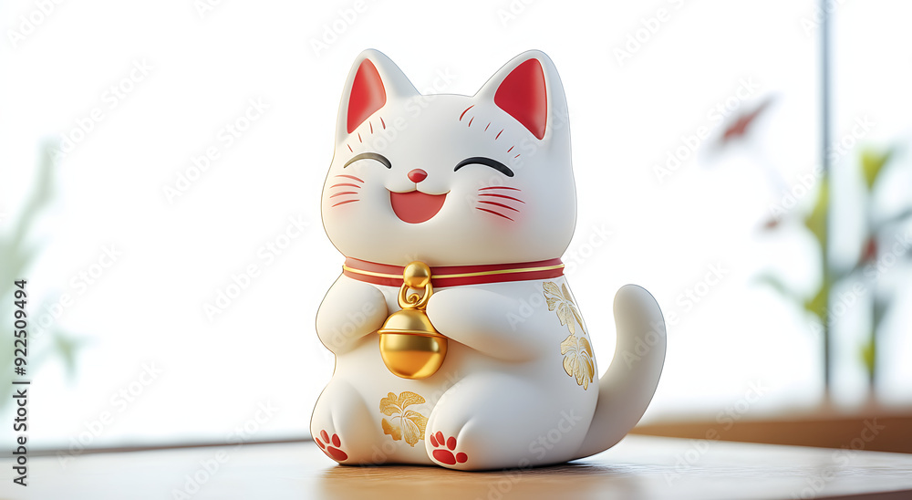 A cute 3D illustration of a white Maneki-neko (lucky cat) with a smiling face, holding a golden ...
