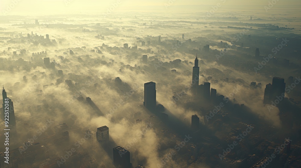 Aerial view of a city covered in a blanket of smog highlighting the ...