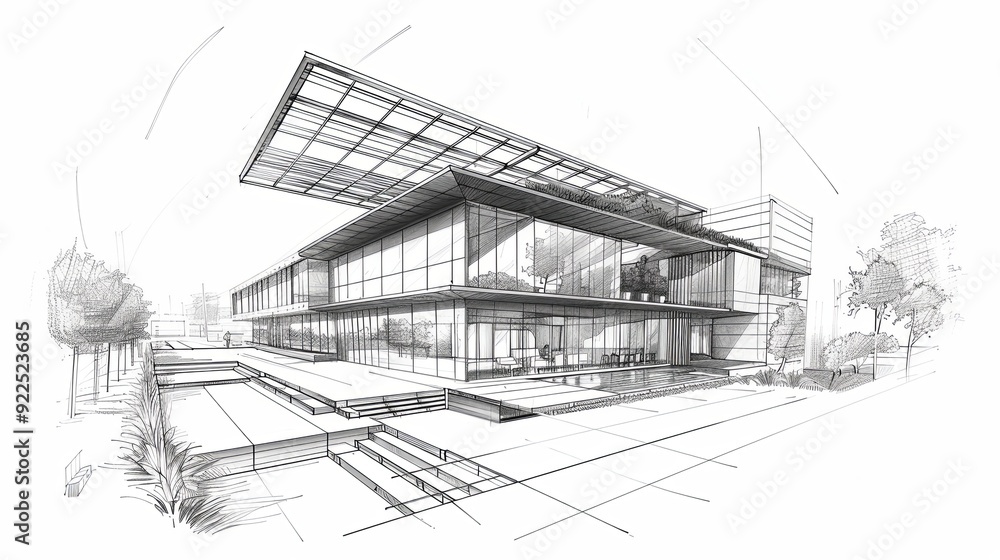 Detailed architectural sketch showing a modern office complex with a ...