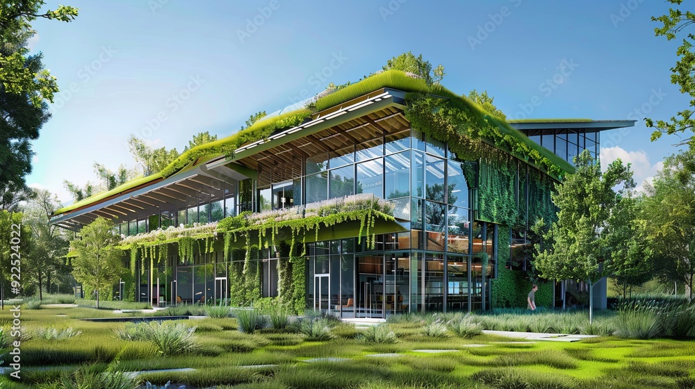 Detailed architectural rendering of a modern eco-friendly library with ...