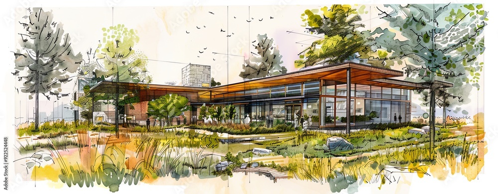Conceptual sketch of a modern sustainable community center with green ...