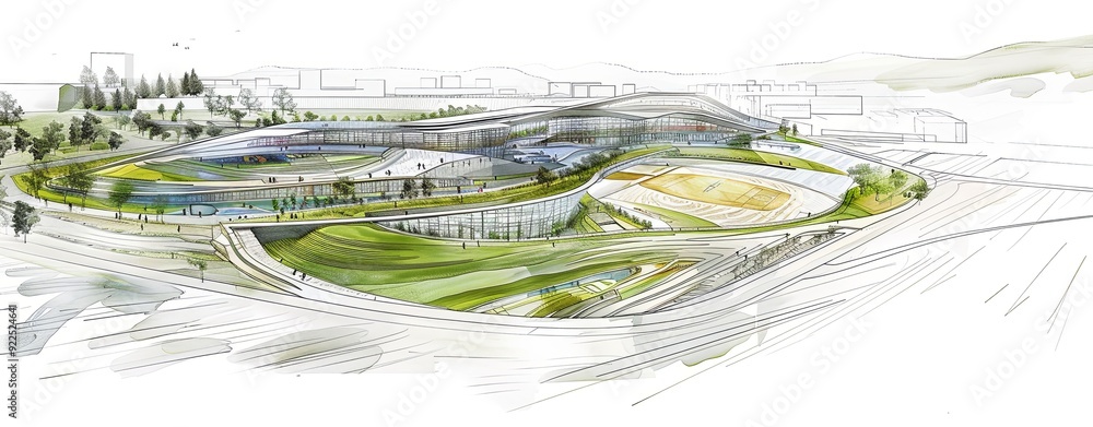 Conceptual sketch of a sustainable sports complex with solar shading ...