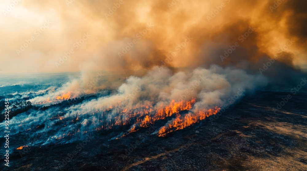Aerial view of a wildfire spreading across a dry landscape, with thick ...