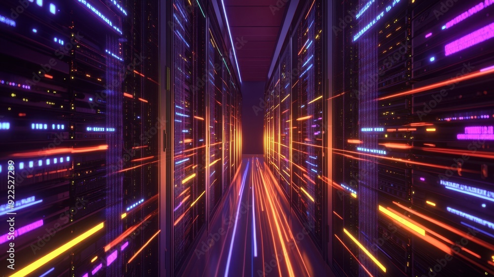 Server room filled with towering racks of glowing servers, data streams ...