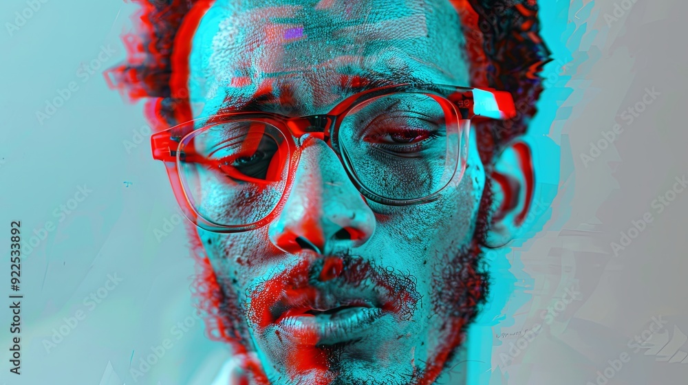 The man's face is blurred, giving it a distorted look. Photorealistic ...