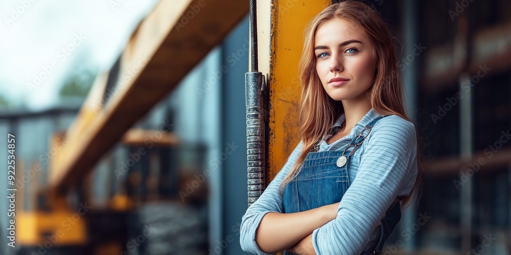 Confident female construction worker in denim, standing with arms ...