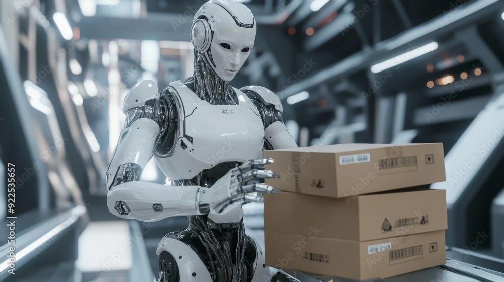 Warehouse robot managing cardboard boxes with precision, representing ...