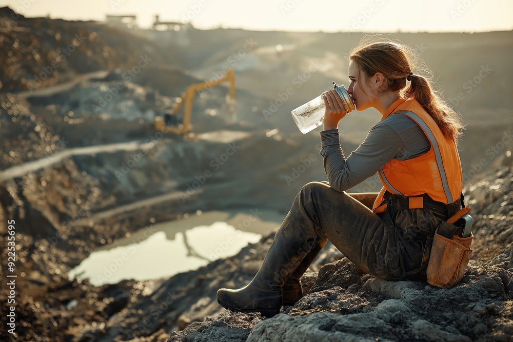 Female miner taking a break, drinking water at an open-pit mine ...