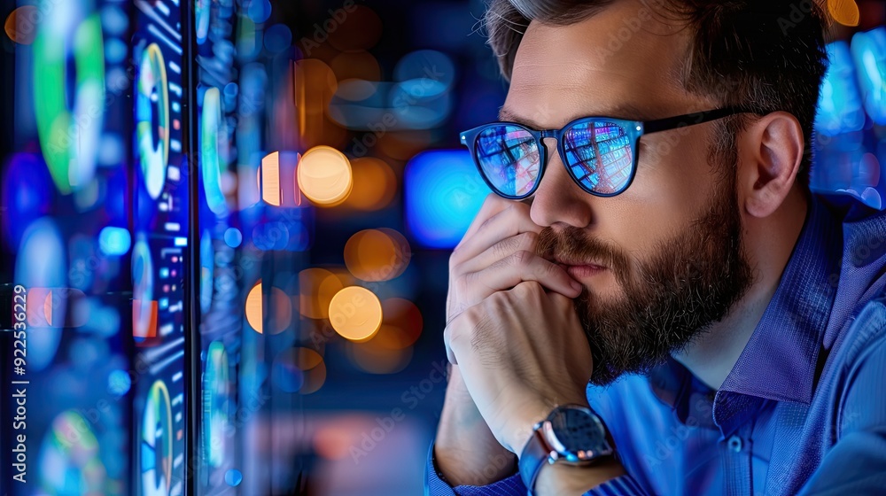 A male trader at work on a computer with a multi-monitor workstation with various charts and ...