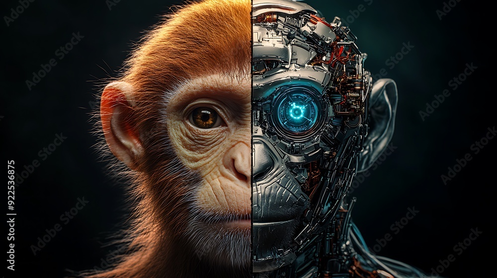 A monkey's face is split in half, one side showing its natural features ...