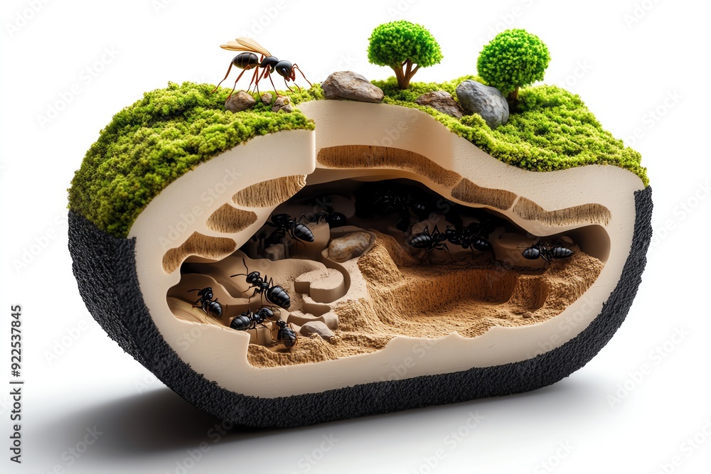 Cross-section of an ant colony showing detailed underground tunnels ...