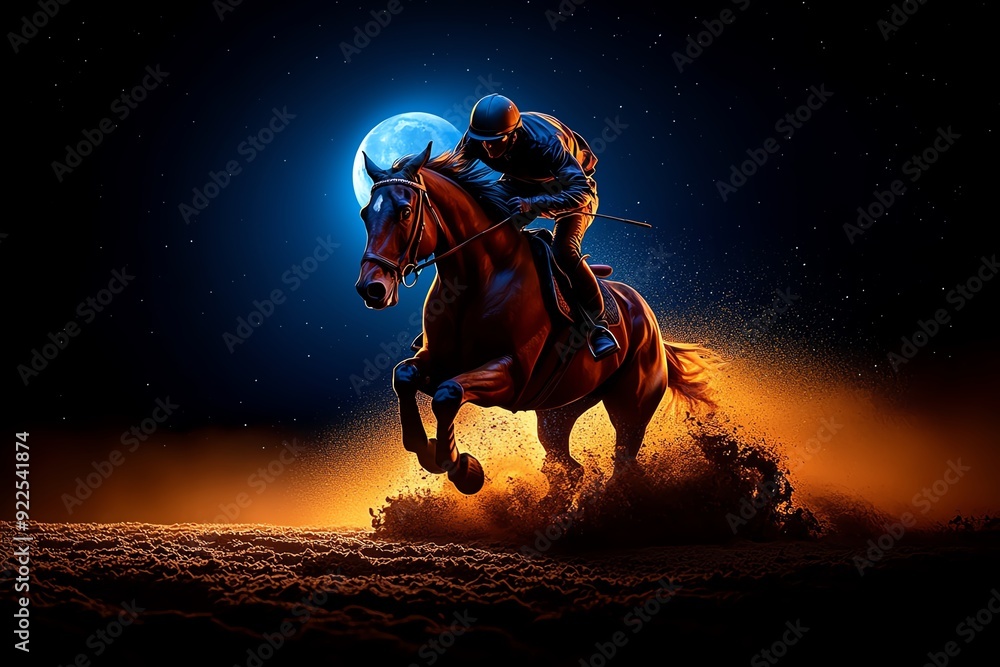 Dynamic image of a horse and jockey racing at night under the bright ...