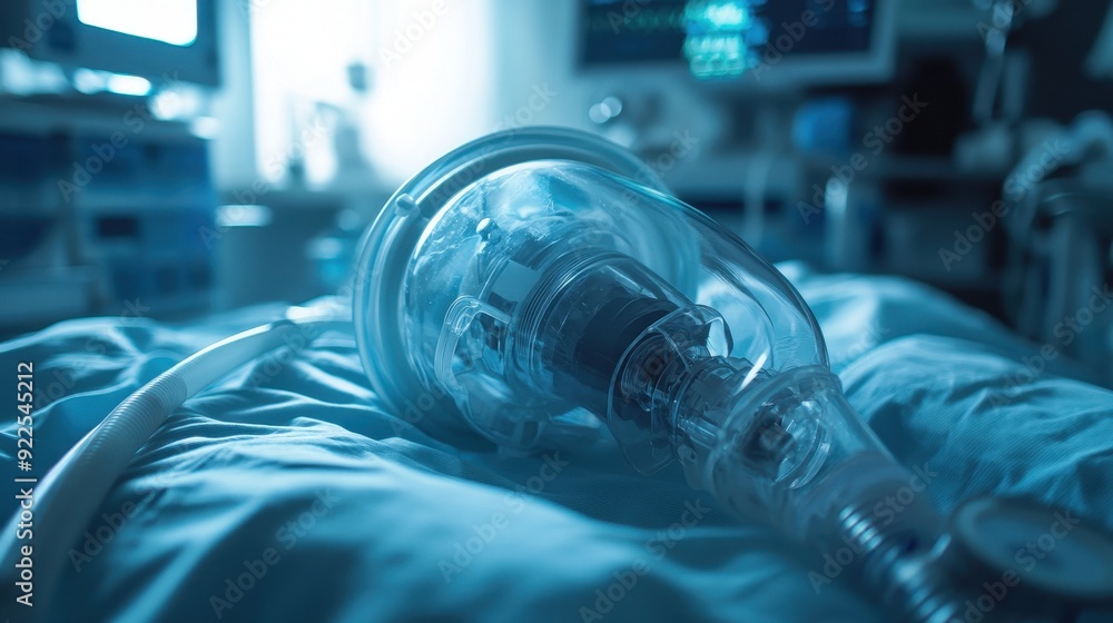 Close-up of a medical respirator lying on a hospital bed, symbolizing ...