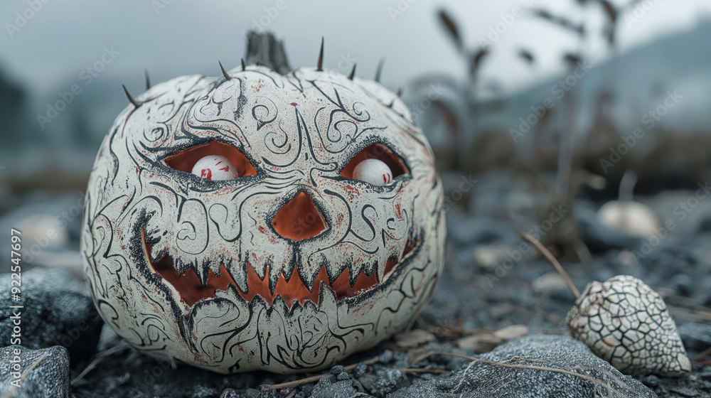 Creepy White Pumpkin with Carved Scary Face and Bloodshot Eyes in Dark ...
