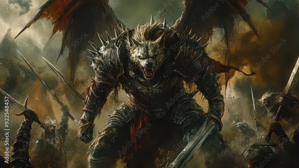 Vengeful warrior with a Pitbull head, clad in spiked armor, leading an ...