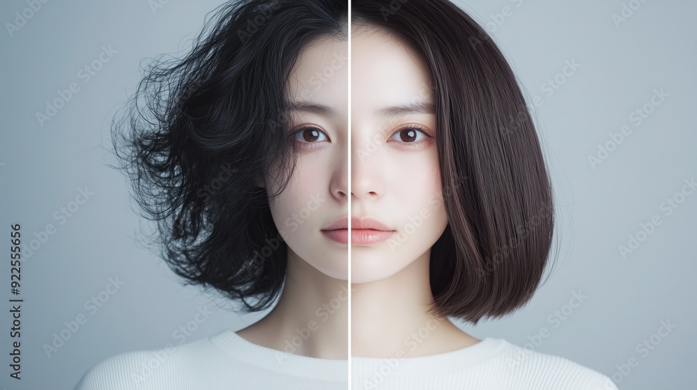 Split-screen comparison of Asian woman's hair transformation. Change ...