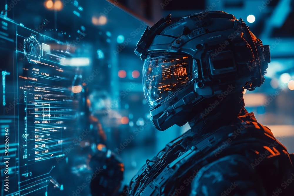 A female soldier equipped with exoskeleton armor examines tactical ...