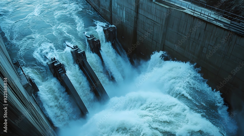 A close-up of water rushing through a hydroelectric dam's sluice gates ...