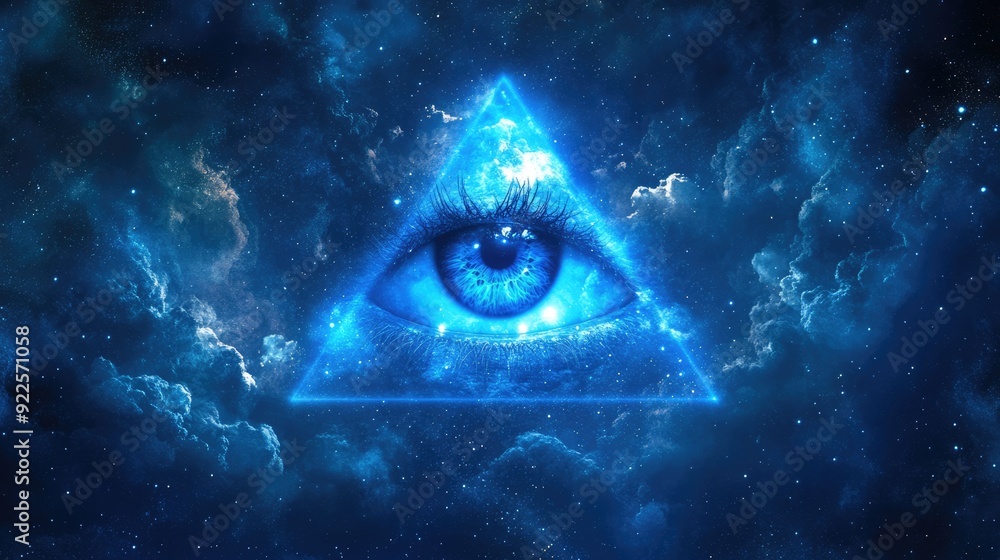 Eye of Providence in the blue cloudy sky at night. All-seeing God's eye ...