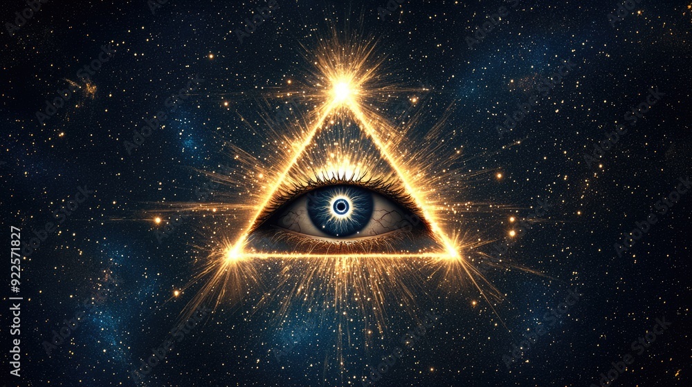 Eye of Providence in the starry night sky. Shining all-seeing God's eye in triangle. Illuminati ...