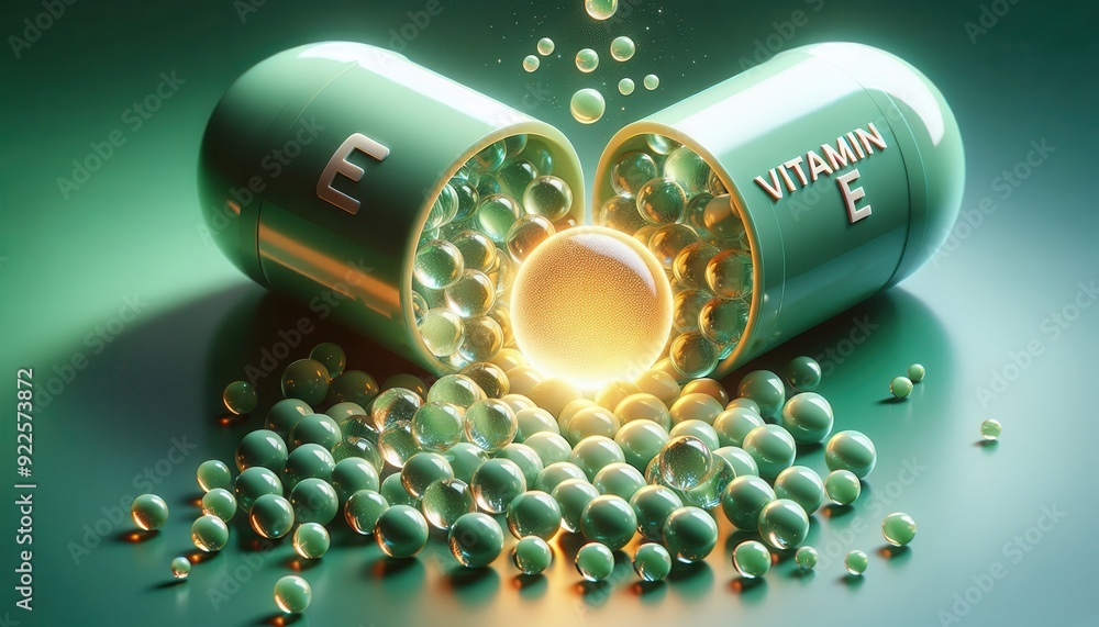 Open green capsule labeled "Vitamin E" with glowing spheres spilling ...