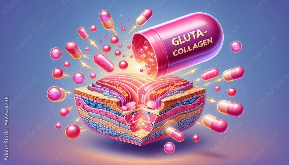 Pink capsule labeled "Gluta-Collagen" spilling spheres onto a glowing ...