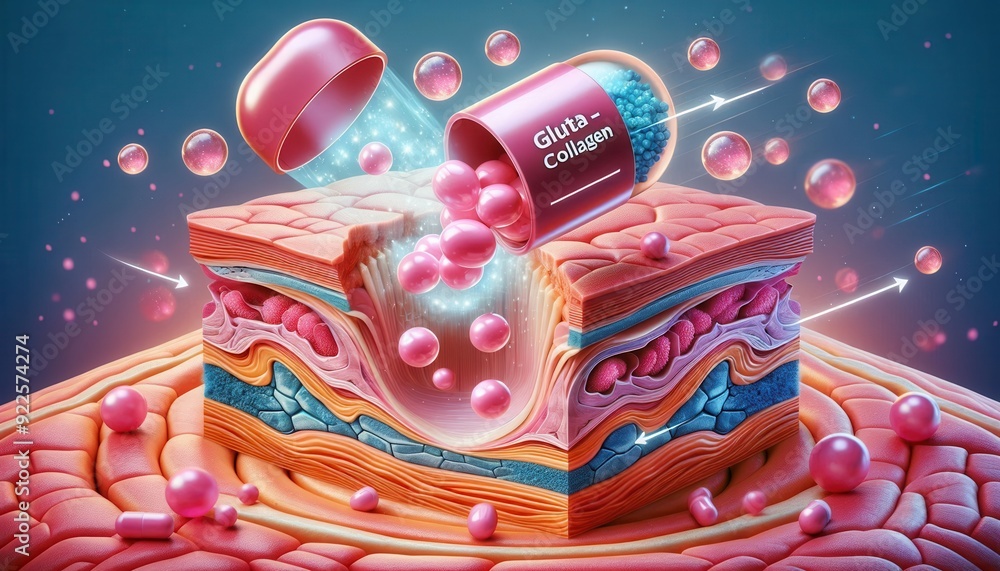 Pink capsule labeled "Gluta-Collagen" pouring spheres onto a cross ...